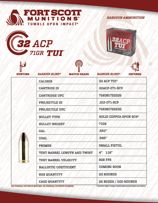 32 ACP TUI® - 71Gr Solid Copper Ammo — Fort Scott Munitions
